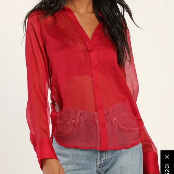 Lulus | Tops | Lulus Red Sheer Blouse With Cinched Sides | Poshmark